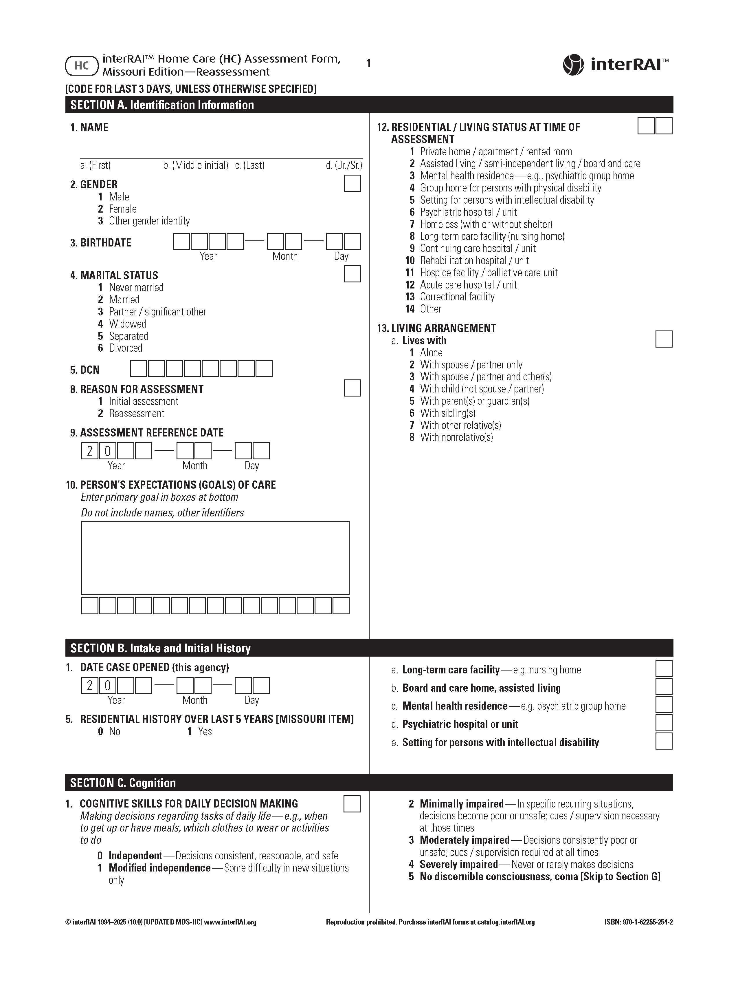 interRAI Home Care (HC) Assessment Form 10.0, Missouri Edition, Reasse ...