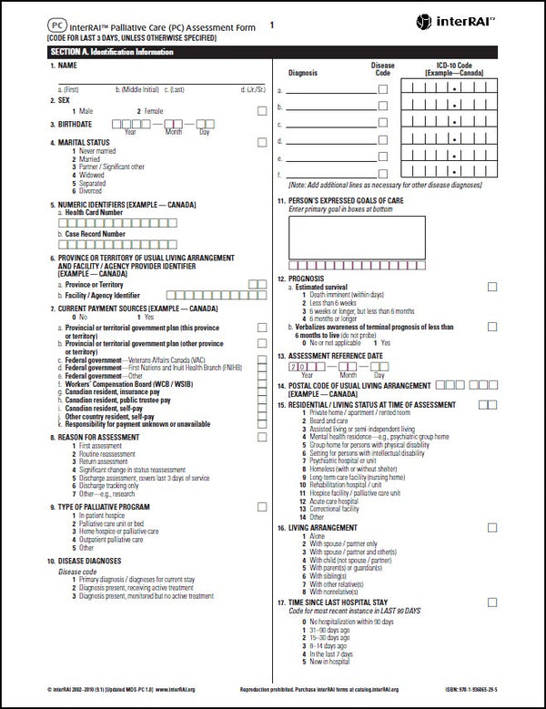 interRAI Palliative Care (PC) Assessment Form, (Standard English Editi ...